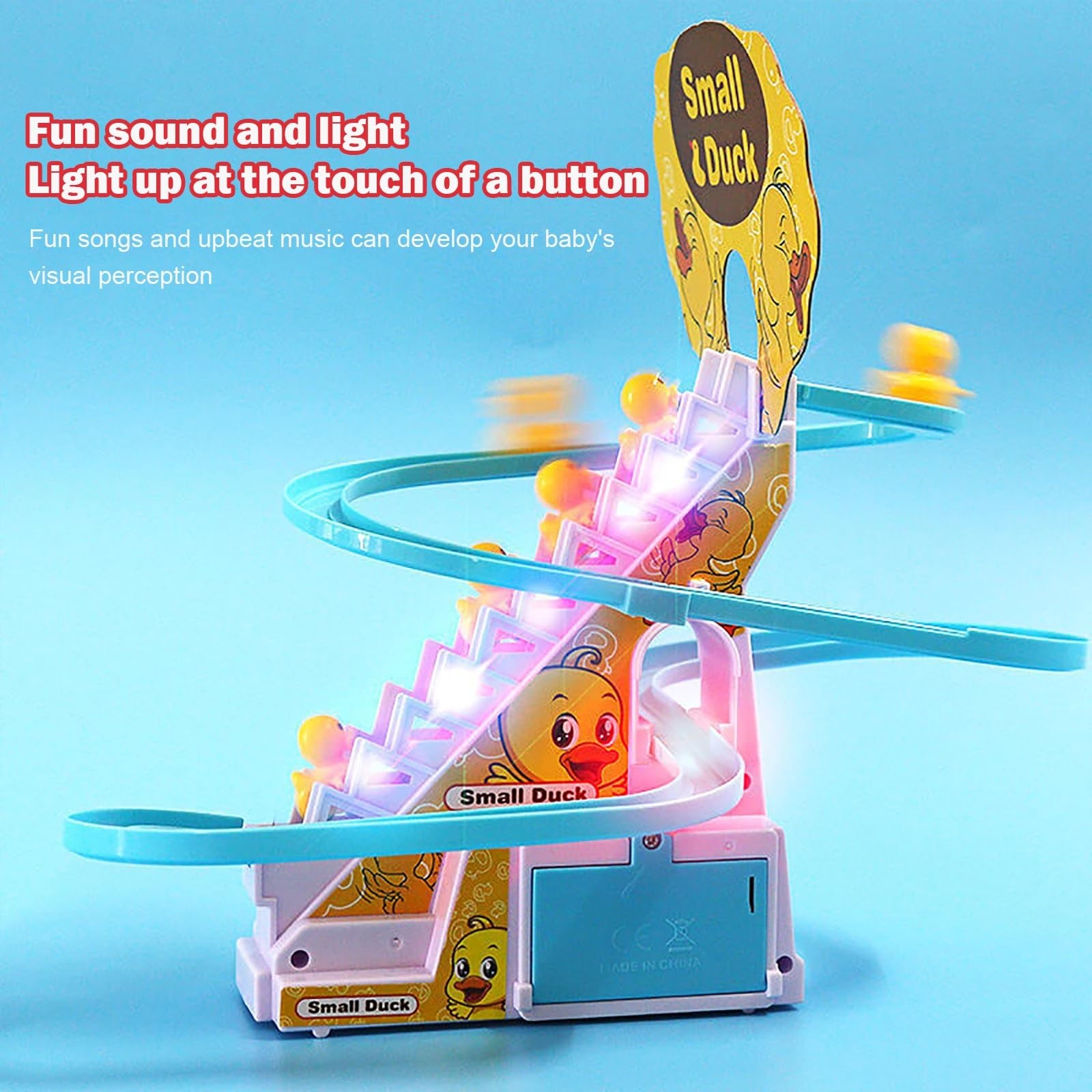 Fun Duck Climbing Stairs Track Toys Electric Music Slide Stair Climbing Toy with 6pcs Ducks Puzzle Assembly Toy for Kids Gift