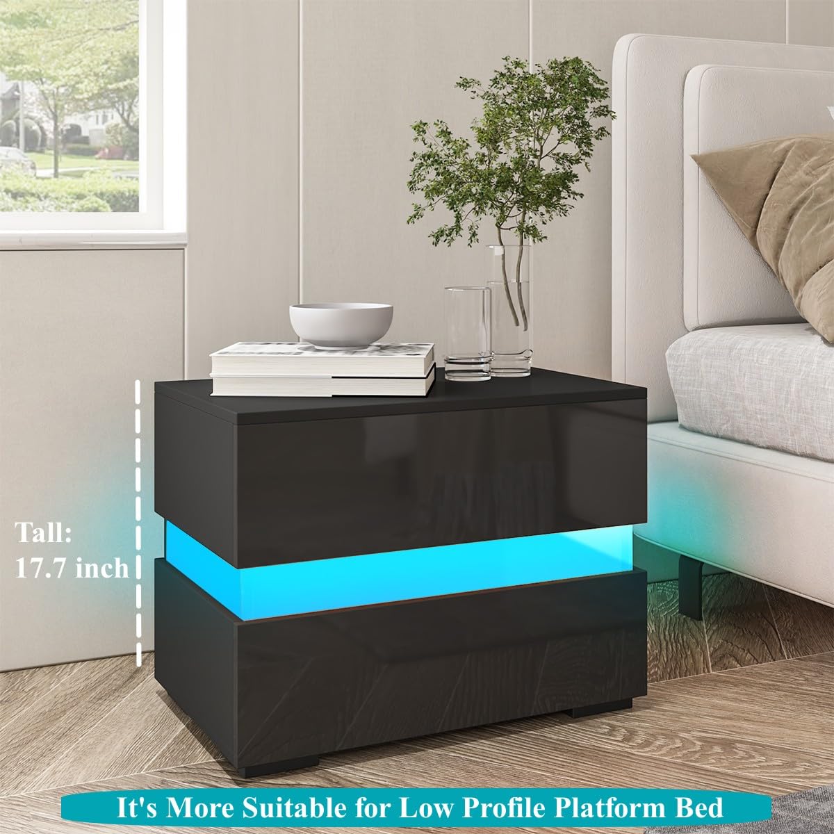 HOMMPA LED Nightstand with 2 Drawers Modern Black Bedside Table Nightstand with Storage Cabinet High Gloss Night Table with 16 Colors LED End Table Smart Nightstand for Bedroom Furniture