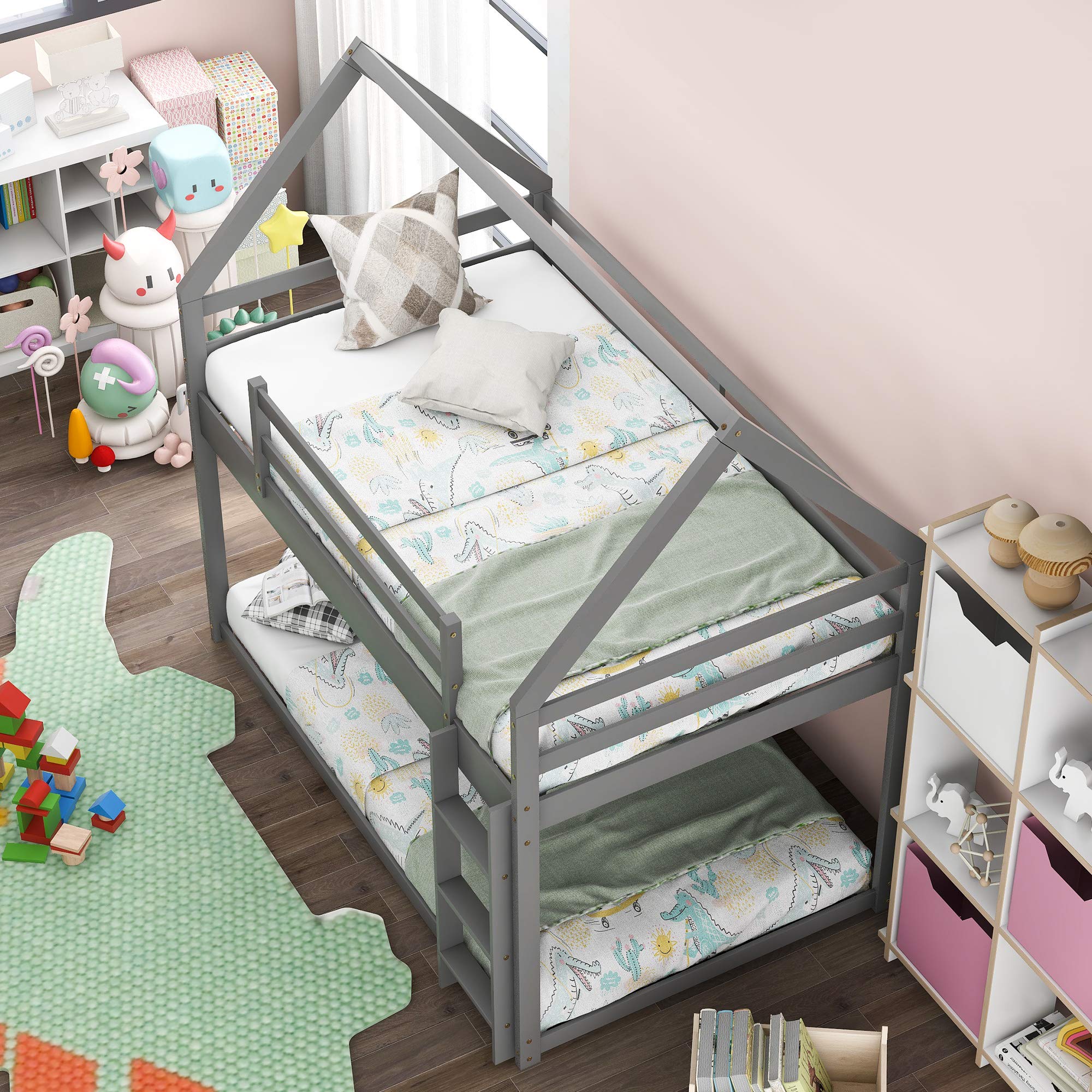 TARTOP House Shaped Bunk Bed Twin Over Twin Size Wood Bunk Bed Frame Low Bunk Beds for Kids and Toddlers, Twin Size,Gray