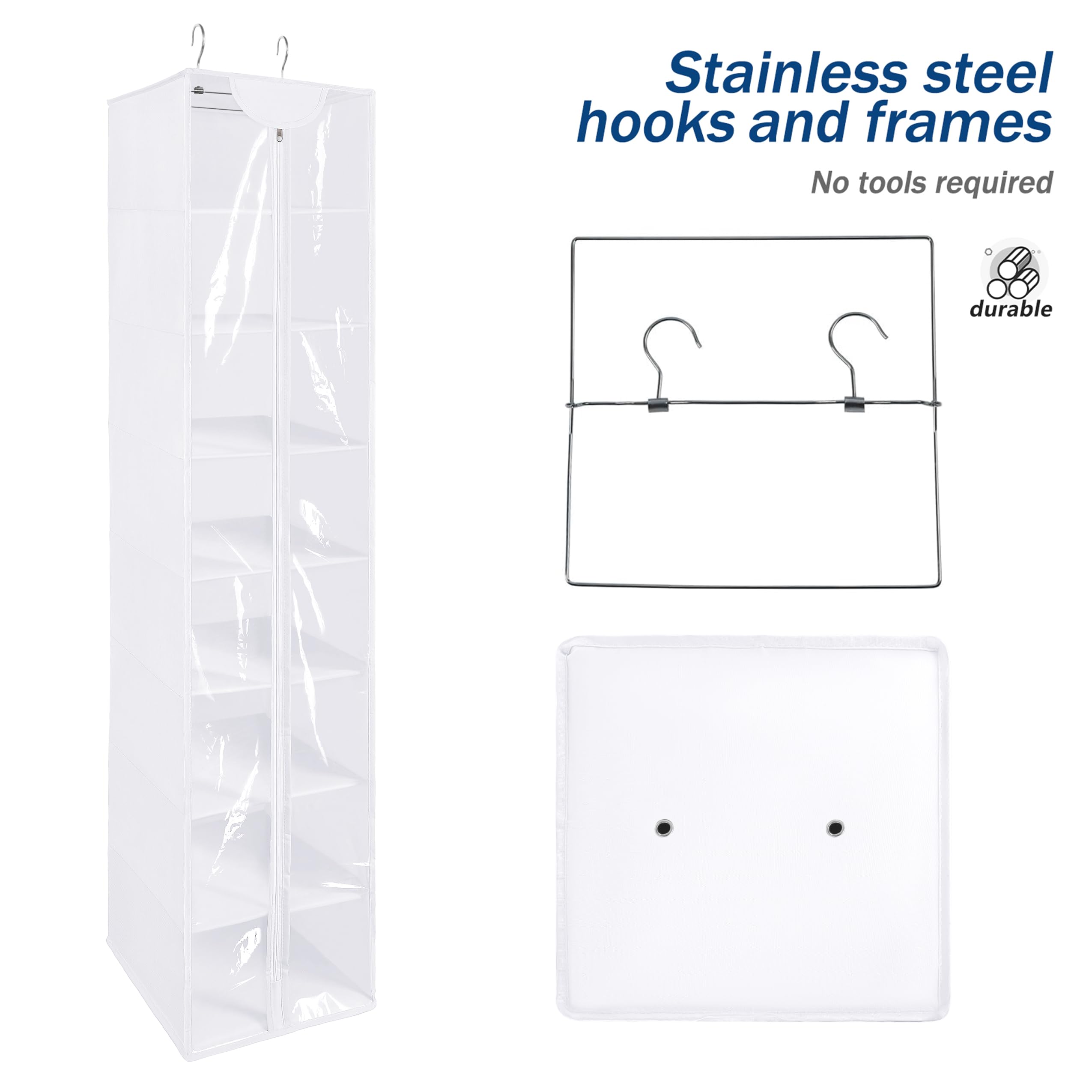 Libeder Hanging Closet Organizer, 8-Shelf Wardrobe Clothes Storage Organizer with Zipper,Hanging Shelves for Sweater,Shoes,Purse,Hats,White