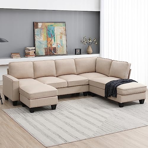 Lifeand 104.378, 7-seat Linen Fabric Couch Set with Chaise Lounge and Convertible Ottoman for Living Room,Apartment,Office Modern L-Shaped Sectional Sofa, Khaki