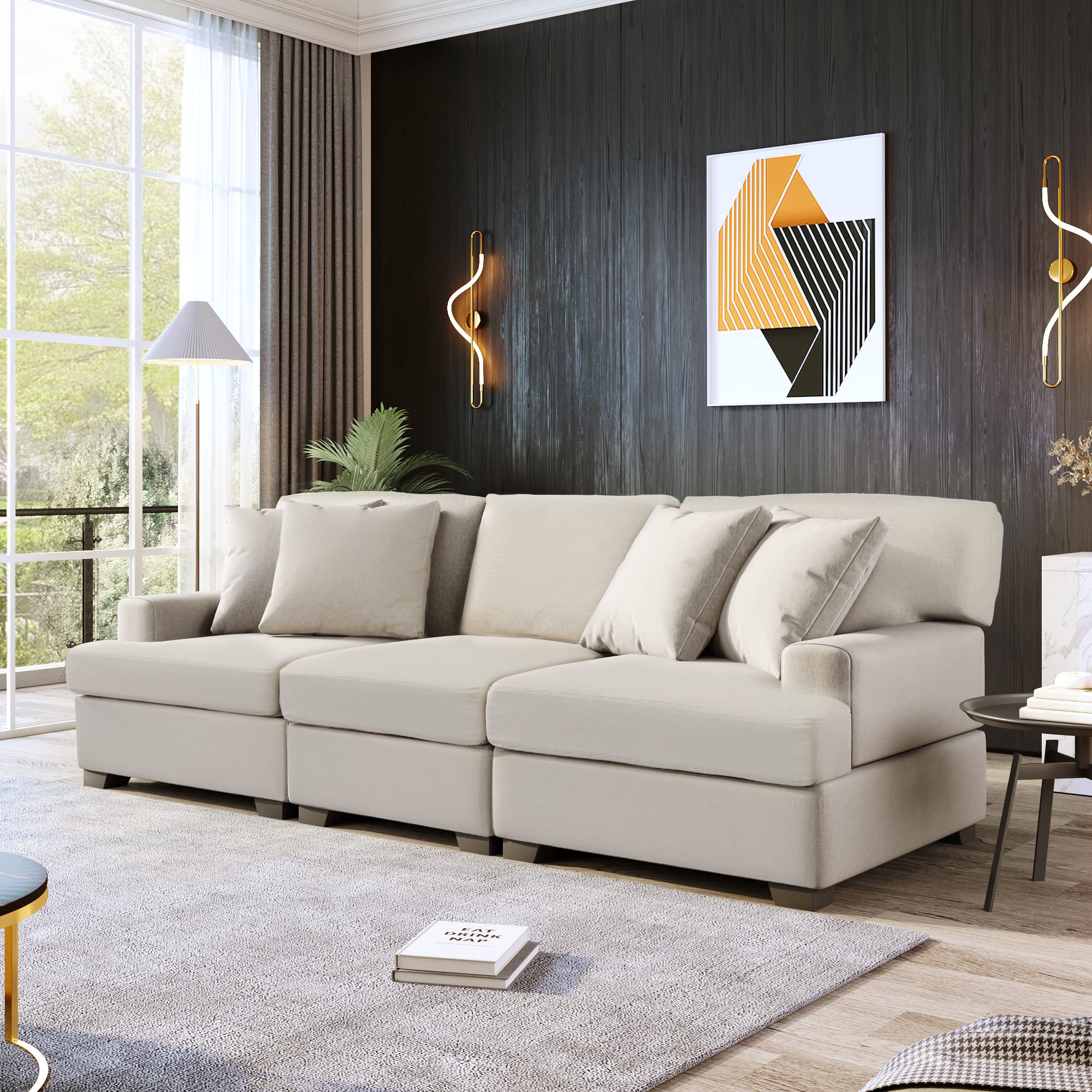 Merax Sofa with Removable Back and Seat Cushions and 4 Comfortable Pillows, Beige