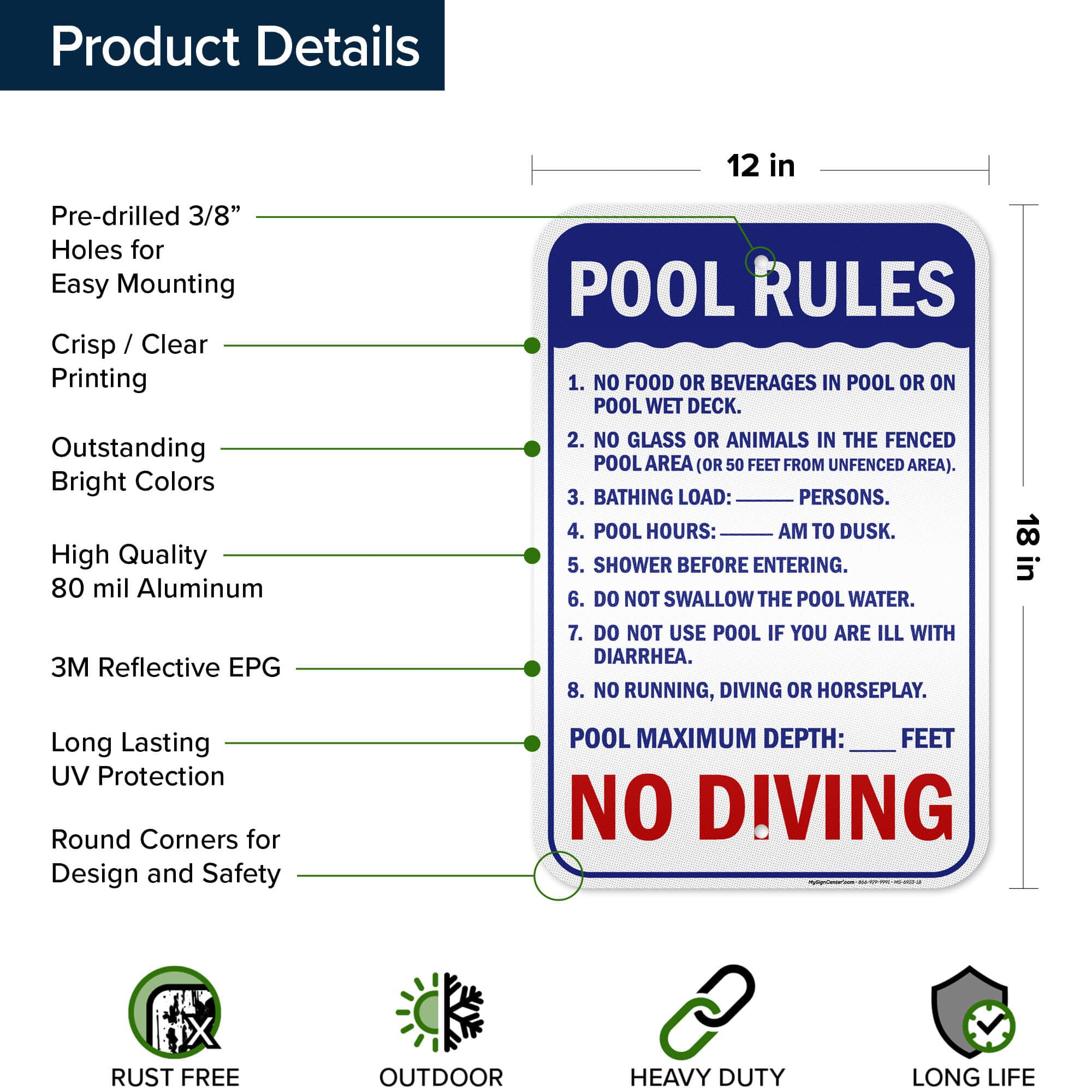 Pool Rule Sign, 12x18 Inches, 3M EGP Reflective, Rust Free .063 Aluminum, Fade Resistant, Made in USA by My Sign Center