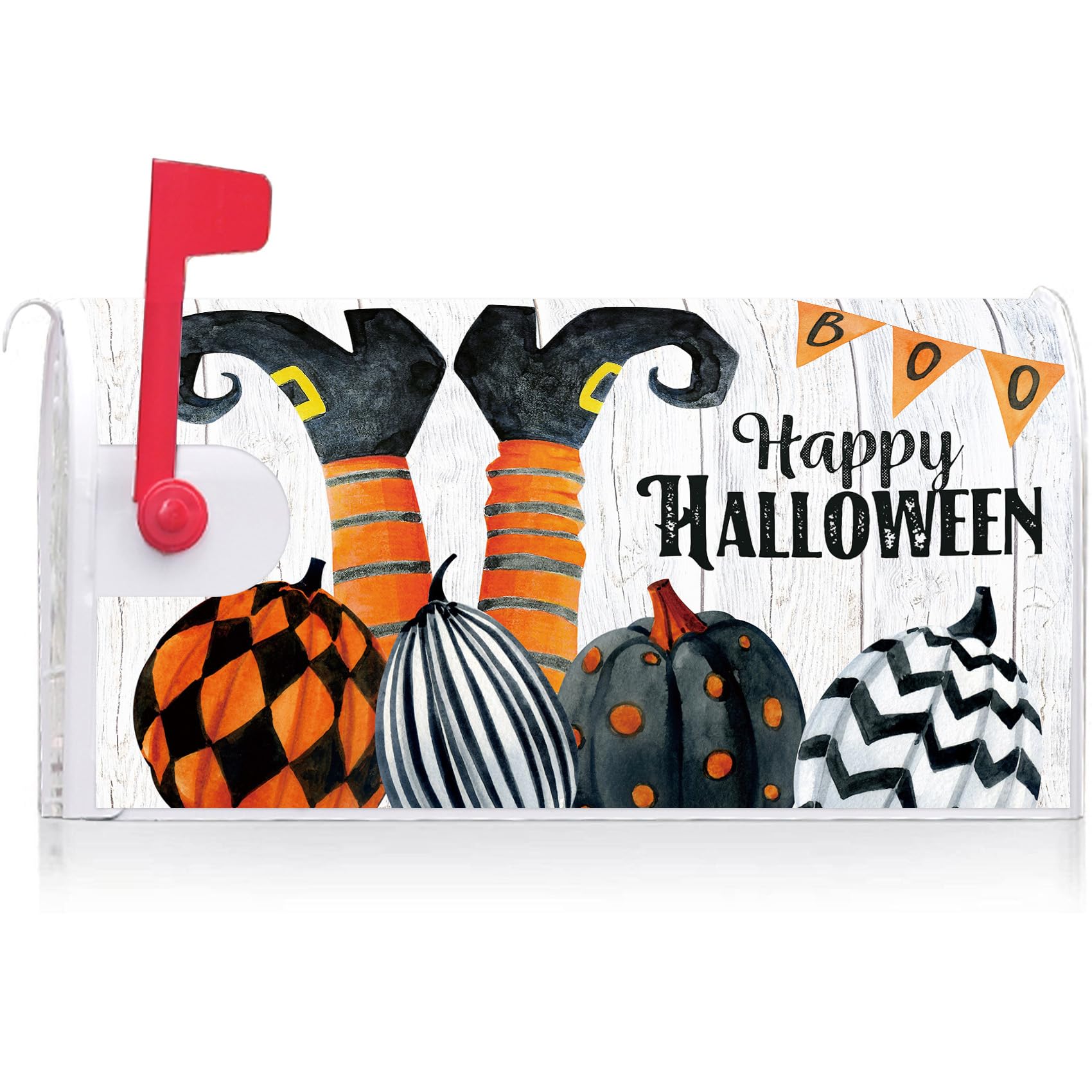 Texupday Happy Halloween Boo Witch Feet Pumpkin Decoration Mailbox Cover with Magnetic Strip Fall Holiday Mailbox Wraps Post Letter Box Cover Standard Size 21" X 18" for Garden Outdoor Yard Decor