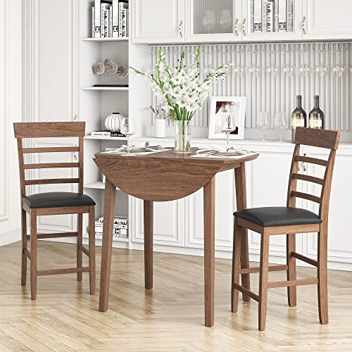 Voohek, Walnut 3-Piece Dining Set w/Drop-Leaf, 2 Upholstered Chairs,Counter Height Furniture, with PU Leather Cushion for Kitchen, Small Space, Bar