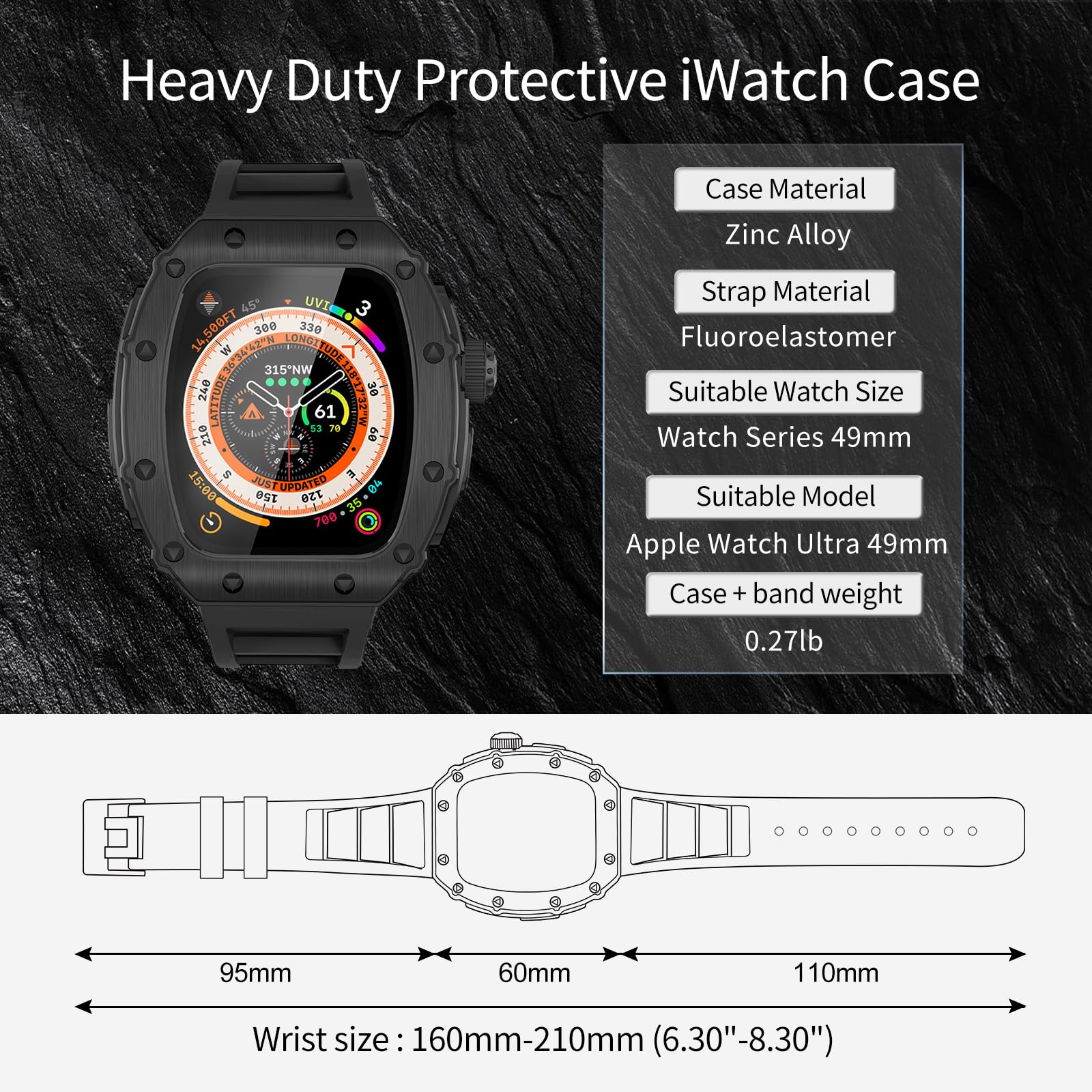 Luxury Case for Apple Watch FKM Band 49mm, Rugged Bumper Metal Cover + Built-in Glass + Fluoroelastomer Strap for Men's Heavy Duty iWatch Series Ultra 2 49mm Protective Case (49mm, Black)