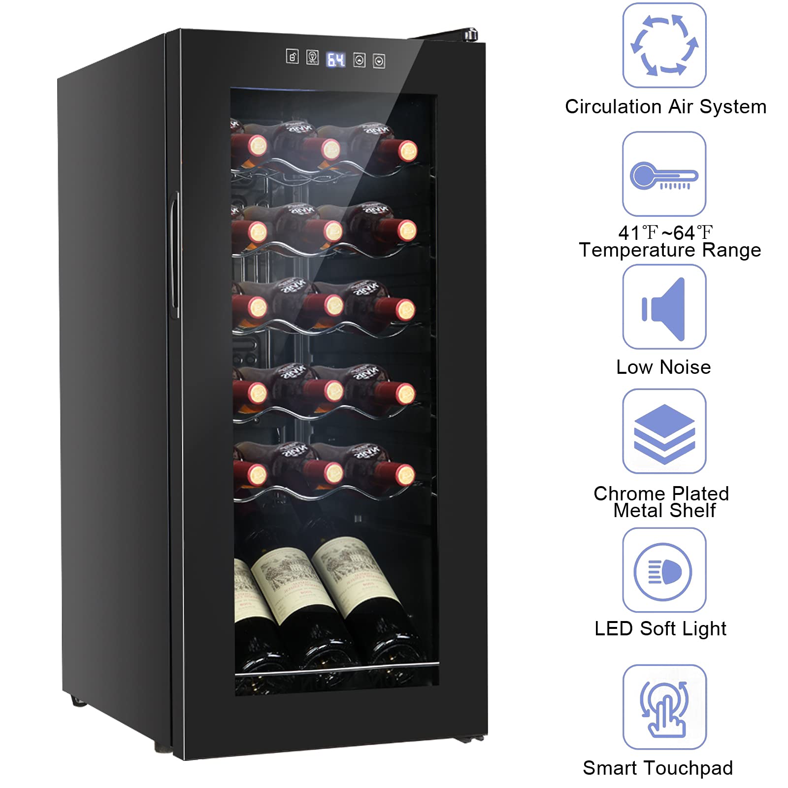 LEADZM 18 Bottle Freestanding Wine Fridge, Compressor Wine Cooler Refrigerator, Mini Wine Cellar for Red, White Wine and Champagne with Digital Temperature Control & Double-layered Glass Door