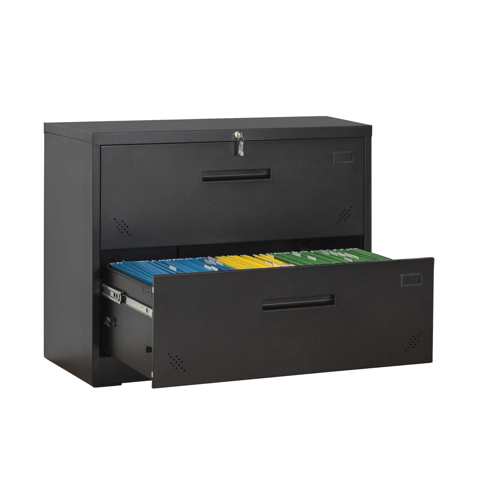 Modern Metal Lateral File Cabinet with Lock, Locking Wide File Cabinet with Large Drawer, Large Deep Storage Cabinet Locked by Keys for Home Office Letter/Legal/F4/A4 Size (Black2)