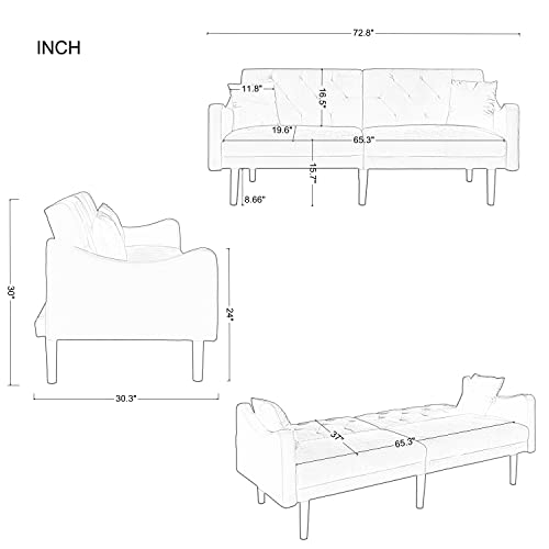 Eafurn Upholstered Futon Sofa Bed with Mattress and Frame, Convertible Loveseat Lounge Couch Daybed,Folding Love Seat w/Adjustable Backrest Sofabed, Blue w/Curved Armrest and 2 Pillows