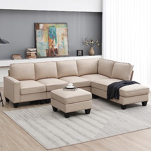 Lifeand 104.378, 7-seat Linen Fabric Couch Set with Chaise Lounge and Convertible Ottoman for Living Room,Apartment,Office Modern L-Shaped Sectional Sofa, Khaki