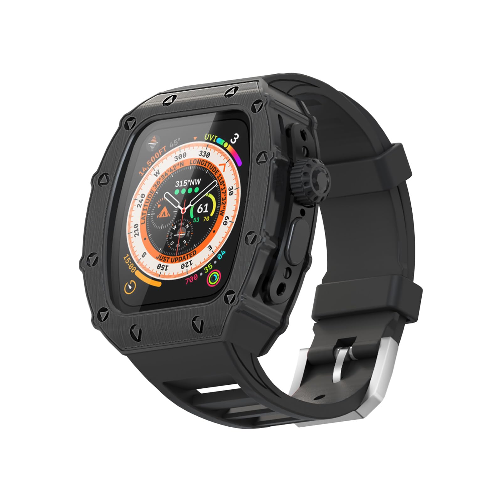 Luxury Case for Apple Watch FKM Band 49mm, Rugged Bumper Metal Cover + Built-in Glass + Fluoroelastomer Strap for Men's Heavy Duty iWatch Series Ultra 2 49mm Protective Case (49mm, Black)