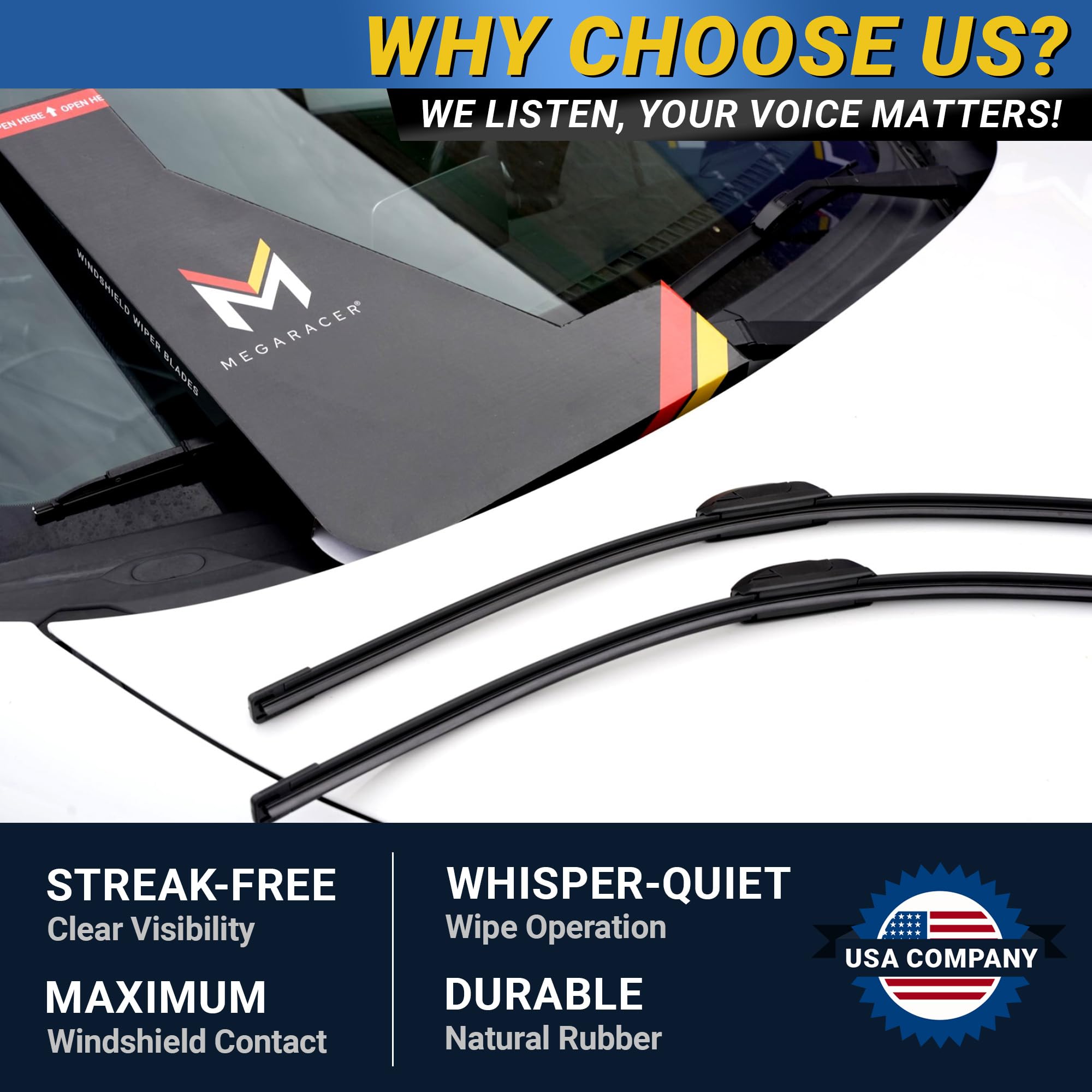 Mega Racer All-Season Wiper Blades 22 Inch & 20 Inch, Vehicle Specific Fit, OEM Quality Automotive Replacement, Front Windshield, Pack of 2 MR-WB-22-20