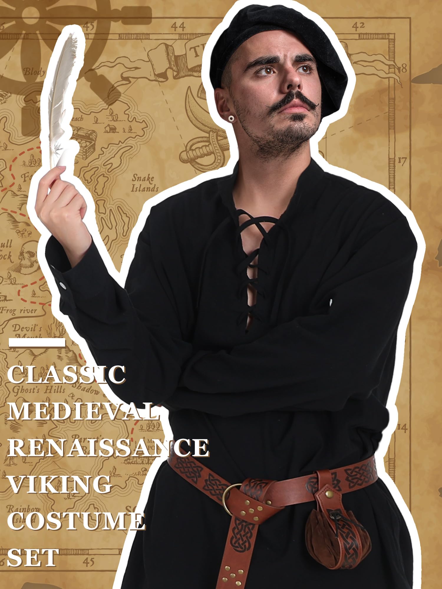 Panitay 4 Pcs Halloween Men's Medieval Costume Set Renaissance Pirate Shirt Pants Viking Belt Retro Pouch Outfit for Cosplay(X-Large,Black, Dark Brown, Brown)