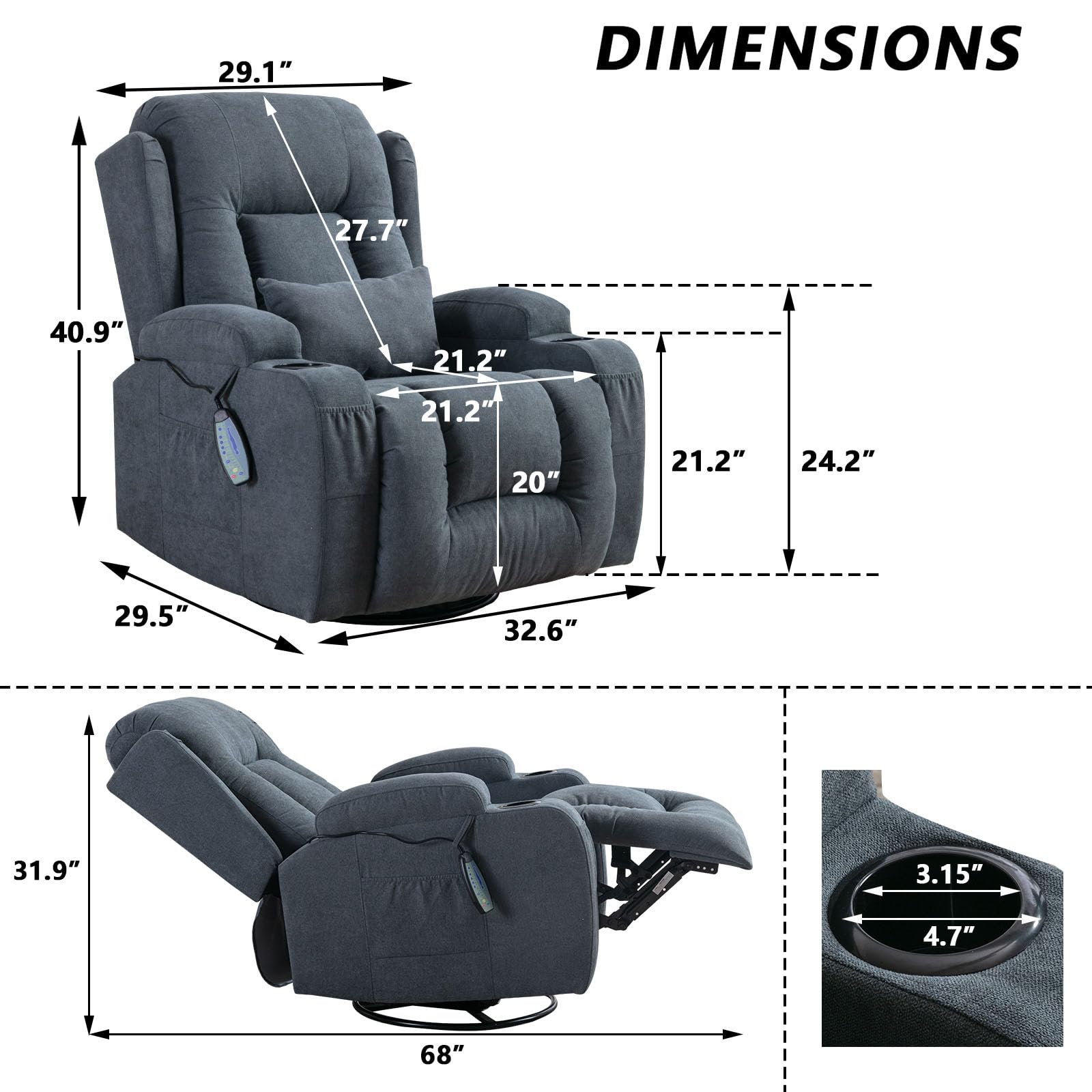 IPKIG Recliner Chair, Massage Swivel Rocker Recliner Chairs with Vibration Massage and Heat, Rocking Function, Side Pocket, 2 Cup Holders, Lumbar Pillow, Ergonomic Lounge Chair for Living Room (Blue)