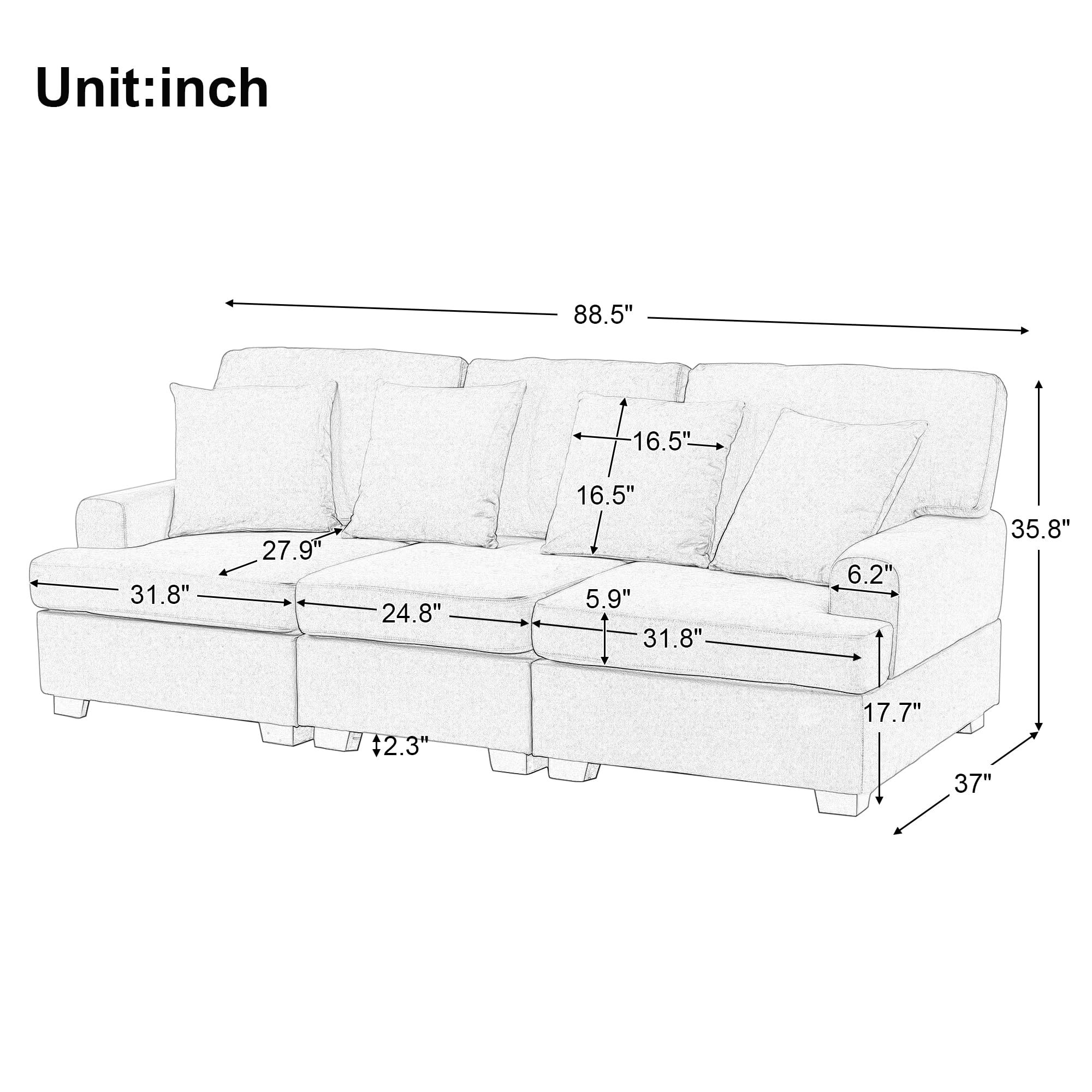 Merax Sofa with Removable Back and Seat Cushions and 4 Comfortable Pillows, Beige