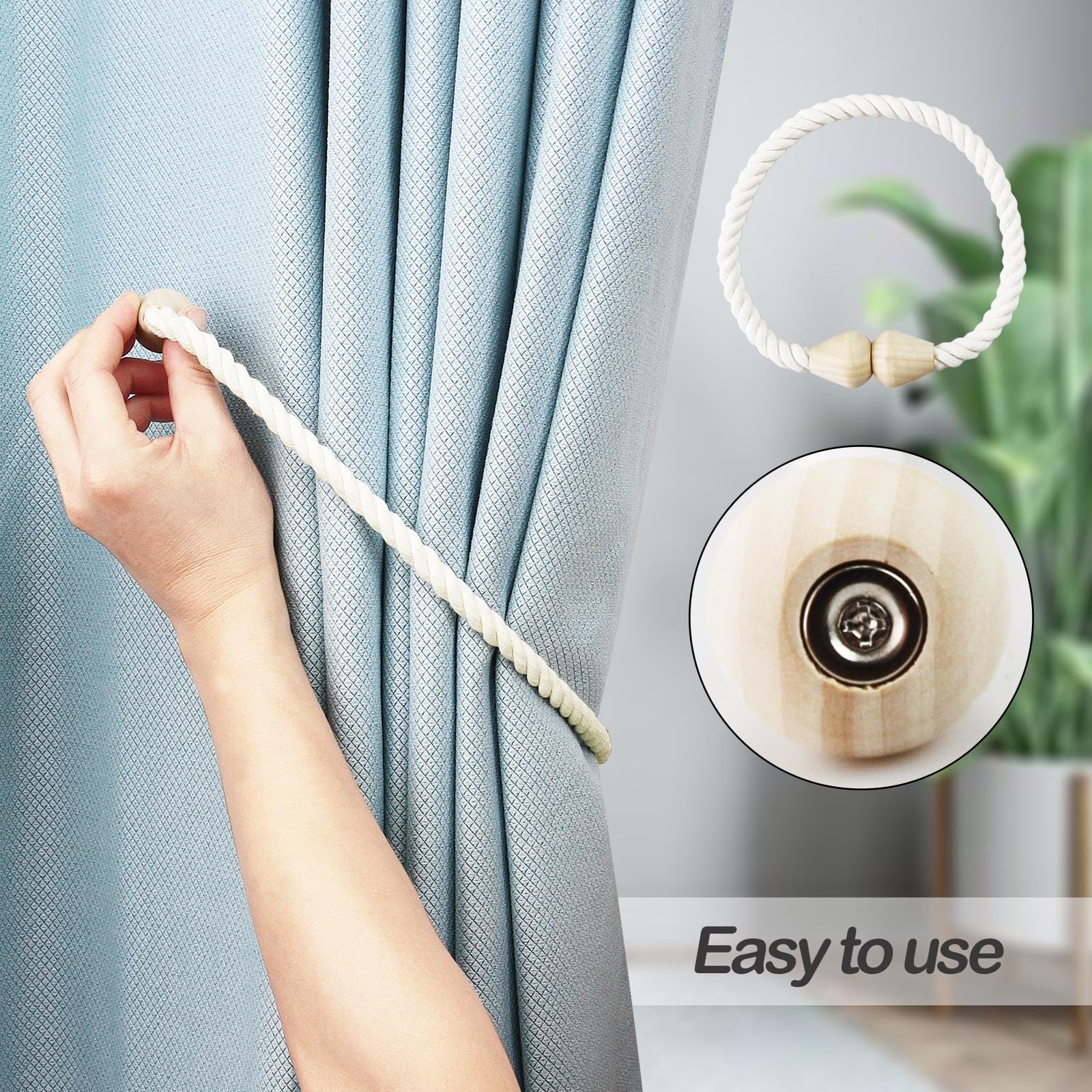 Hangtty Magnetic Curtain Tiebacks 2 Pack Cotton Boho Curtain Tie Back Decorative Rope Holdbacks for Curtains Draperies Outdoor Window Treatment Holdbacks, Cream