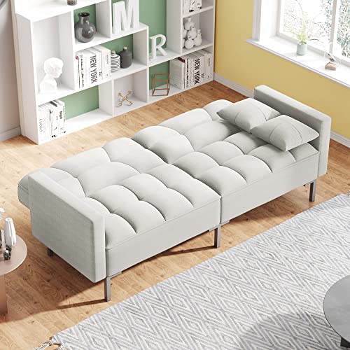 FIQHOME Sleeper 74.8", Couch, Linen Upholstered Modern Convertible Folding Futon Sofa Bed for Compact Living Space, Apartment, Dorm (White)