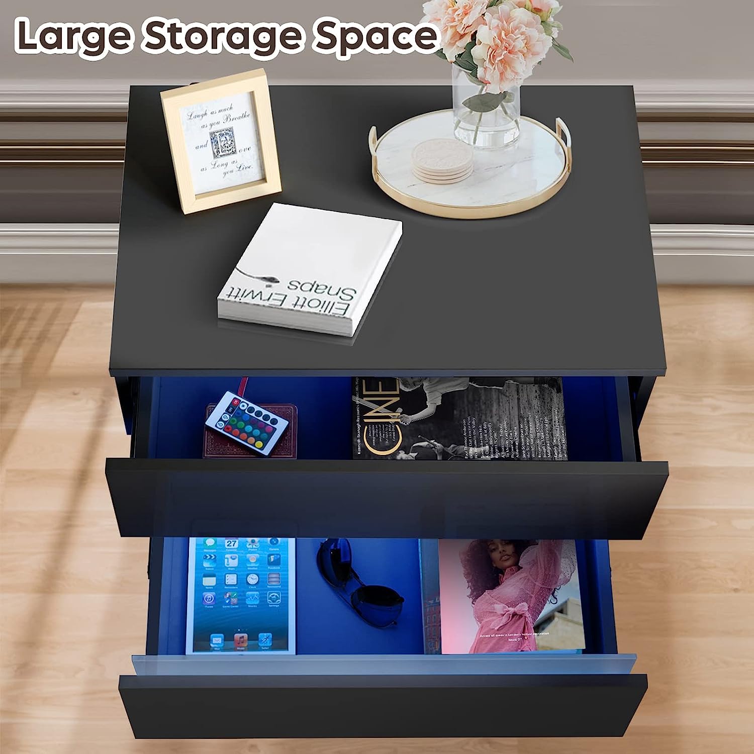 HOMMPA LED Nightstand with 2 Drawers Modern Black Bedside Table Nightstand with Storage Cabinet High Gloss Night Table with 16 Colors LED End Table Smart Nightstand for Bedroom Furniture