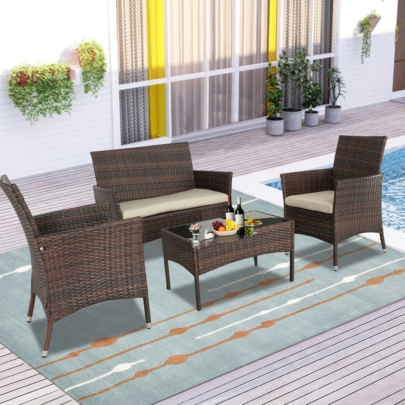 HTTH 4-Piece Outdoor Patio Furniture Sets Wicker Sofa with Cushions and Coffee Table Garden Lawn Pool Backyard Outdoor Sofa Sets (Brown-Beige)