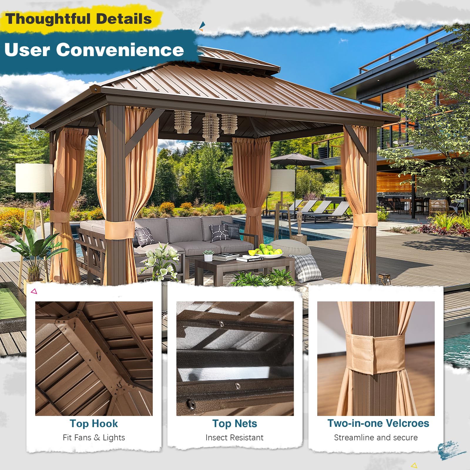 MELLCOM 10'x12' Hardtop Gazebo, Metal Double Roof Aluminum Gazebos with Curtain and Netting,Brown Permanent Galvanized Steel Pavilion for Patio, Lawn & Deck