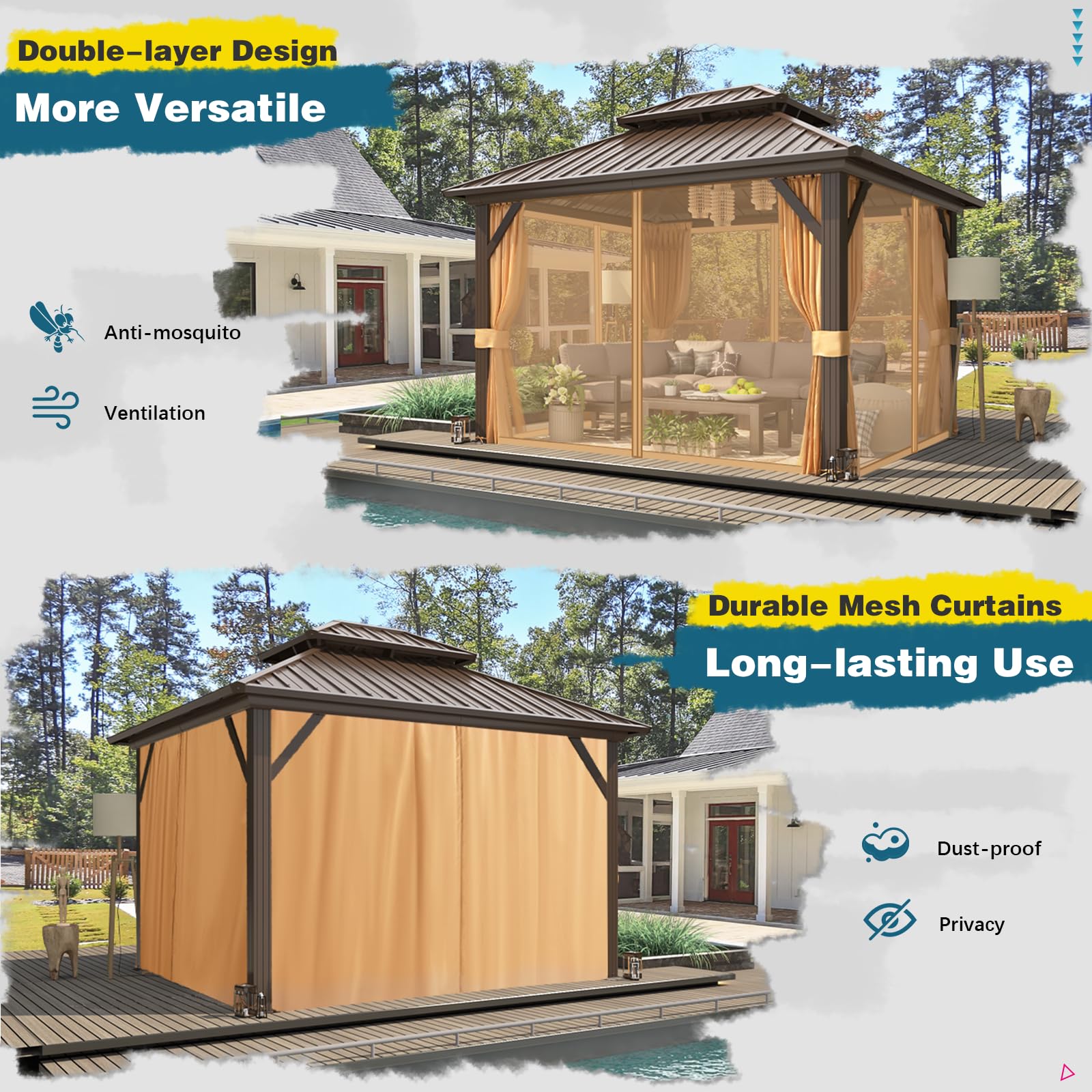 MELLCOM 10'x12' Hardtop Gazebo, Metal Double Roof Aluminum Gazebos with Curtain and Netting,Brown Permanent Galvanized Steel Pavilion for Patio, Lawn & Deck