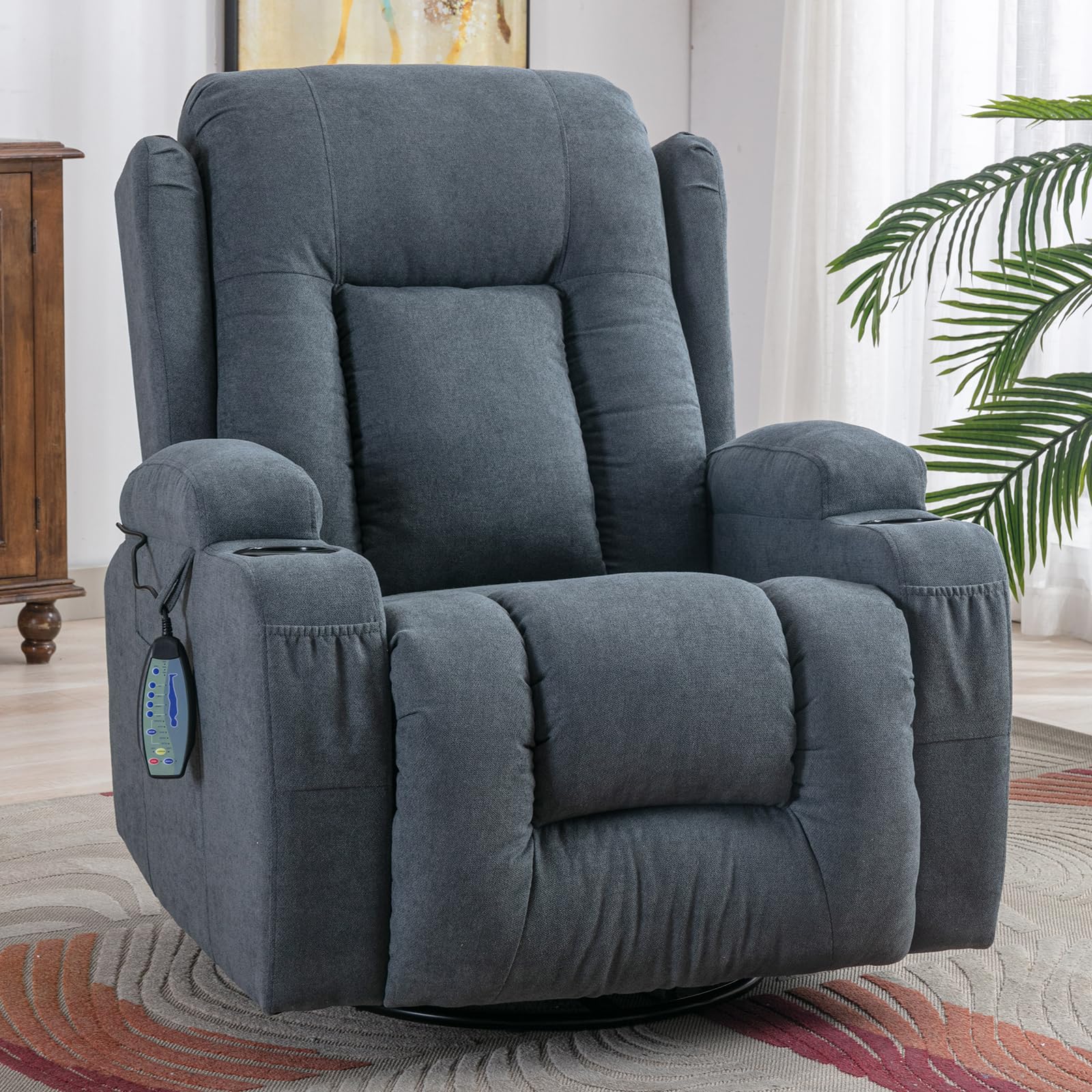 IPKIG Recliner Chair, Massage Swivel Rocker Recliner Chairs with Vibration Massage and Heat, Rocking Function, Side Pocket, 2 Cup Holders, Lumbar Pillow, Ergonomic Lounge Chair for Living Room (Blue)
