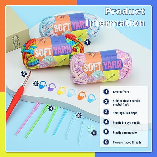IMZAY 100g Yarn for Crocheting, Rainbow Color Cotton Yarn and Yarn for Beginners with Easy-to-See Stitches, Ergonomic Handle Hooks, Cotton Nylon Chunky Yarn for Crocheting and Knitting-Blue and Pink