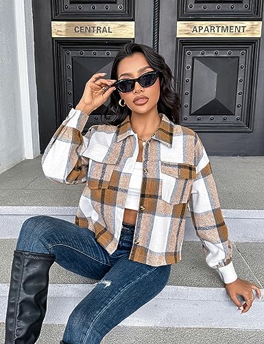 Blooming Jelly Womens Flannel Shirts Plaid Shacket Button Down Long Sleeve Jacket Fall Fashion Crop Tops(Small,Khaki Plaid)
