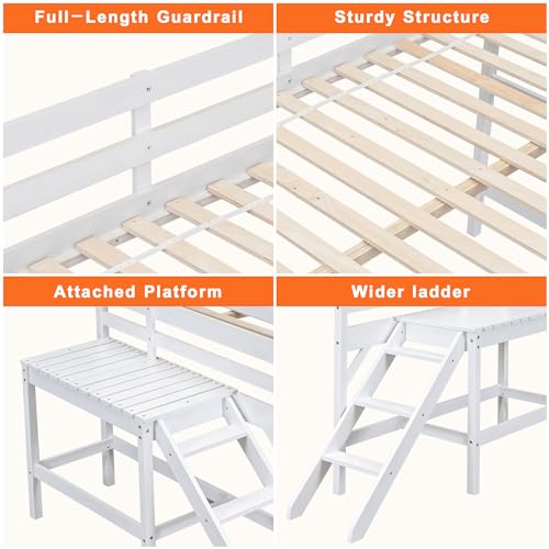 Dolonm Full Loft Bed with Platform, Wooden Low Height Loft Bed Frame with Ladder, Metal Loft Bed Frame for Kids Teens Adults, Full Size for Bedrooms, White