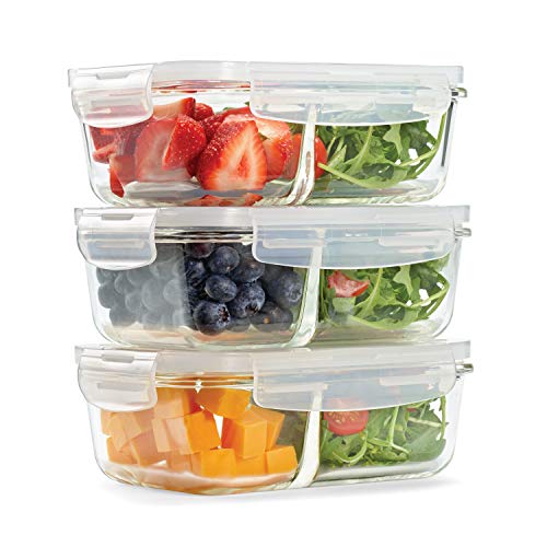 Fit & Fresh, Airtight Seal, Portion Cont Divided, 3-Pack, Two Compartments, Set of 3 Locking Lids, Glass Storage, Meal Prep Containers, 3 Pack, Clear