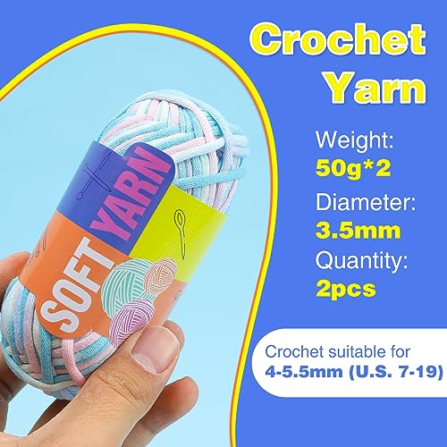 IMZAY 100g Yarn for Crocheting, Rainbow Color Cotton Yarn and Yarn for Beginners with Easy-to-See Stitches, Ergonomic Handle Hooks, Cotton Nylon Chunky Yarn for Crocheting and Knitting-Blue and Pink
