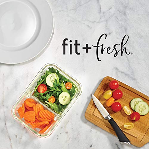 Fit & Fresh, Airtight Seal, Portion Cont Divided, 3-Pack, Two Compartments, Set of 3 Locking Lids, Glass Storage, Meal Prep Containers, 3 Pack, Clear
