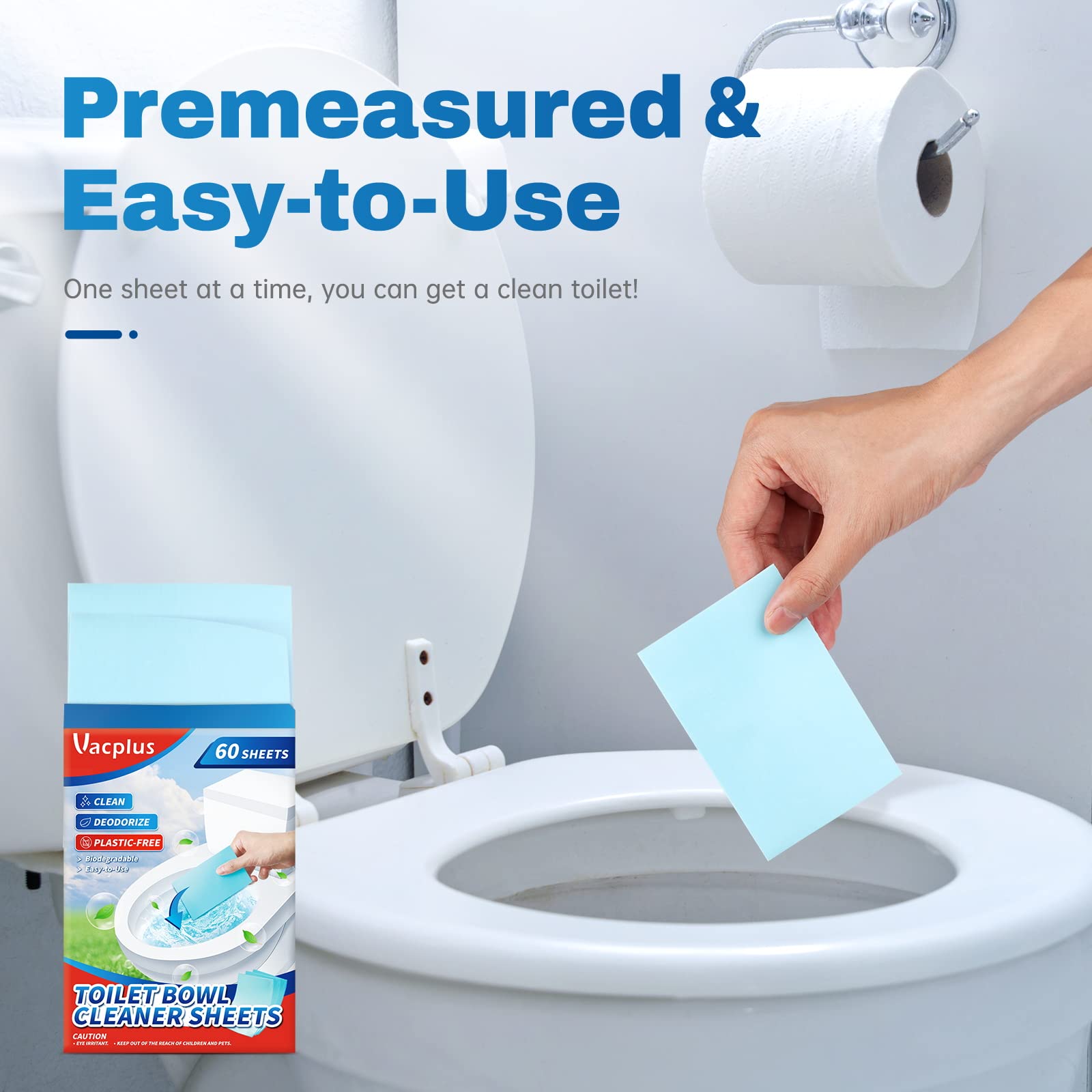 Vacplus Biodegradable Toilet Cleaning Strips - Plastic-Free, Pre-Measured Toilet Bowl Cleaner Sheets Remove Stains and Odors, 60 Pack