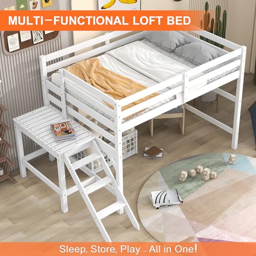 Dolonm Full Loft Bed with Platform, Wooden Low Height Loft Bed Frame with Ladder, Metal Loft Bed Frame for Kids Teens Adults, Full Size for Bedrooms, White