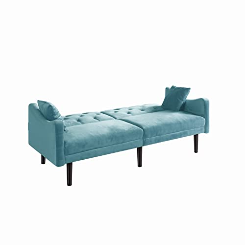 Eafurn Upholstered Futon Sofa Bed with Mattress and Frame, Convertible Loveseat Lounge Couch Daybed,Folding Love Seat w/Adjustable Backrest Sofabed, Blue w/Curved Armrest and 2 Pillows