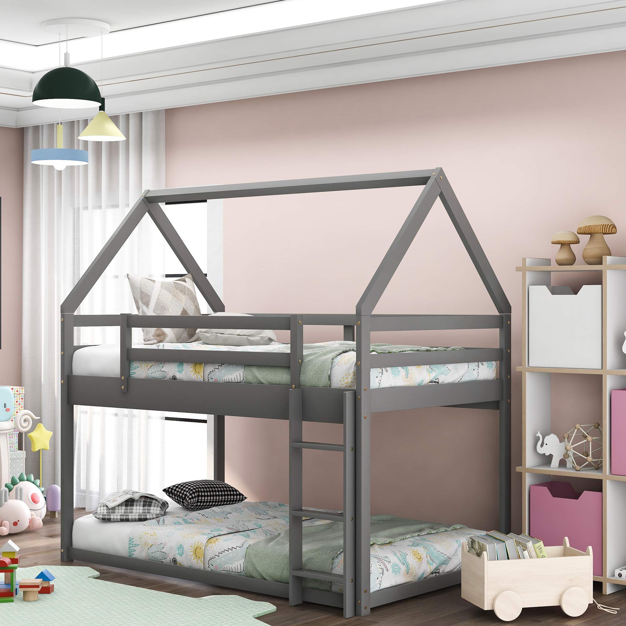 TARTOP House Shaped Bunk Bed Twin Over Twin Size Wood Bunk Bed Frame Low Bunk Beds for Kids and Toddlers, Twin Size,Gray