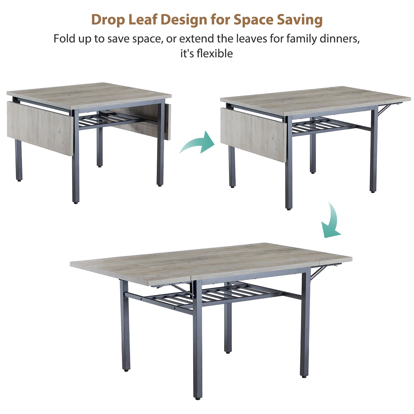 Suheww Folding Dining Table, Drop Leaf Tables with Metal Storage Racks, 63.2” Industrial Extendable Compact Kitchen Table for Apartment, Small Spaces, Seats 2-6 People, Grey