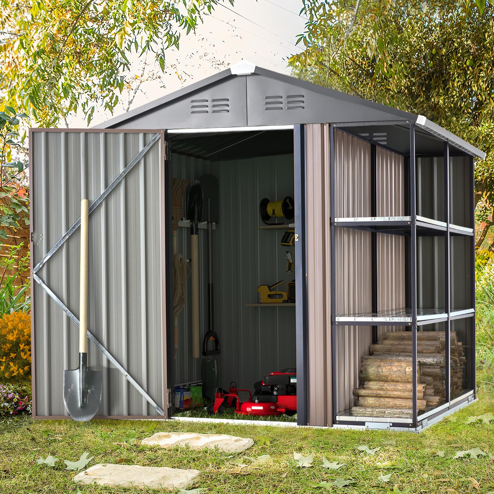 AECOJOY Storage Shed with Rack, 6 x 6 Ft Small Outdoor Storage Tool Utility Shed with Shelves, Metal Garden Shed for Yard, Outdoor Storage Clearance Outside Use