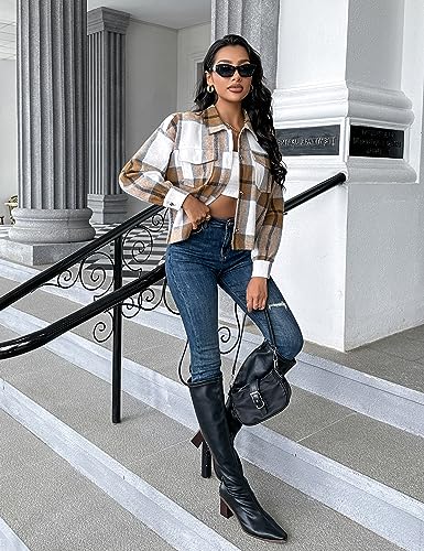 Blooming Jelly Womens Flannel Shirts Plaid Shacket Button Down Long Sleeve Jacket Fall Fashion Crop Tops(Small,Khaki Plaid)