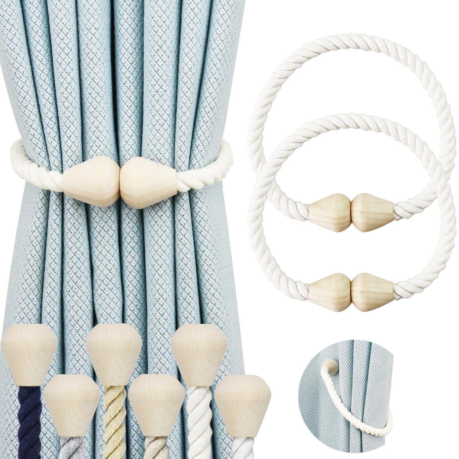 Hangtty Magnetic Curtain Tiebacks 2 Pack Cotton Boho Curtain Tie Back Decorative Rope Holdbacks for Curtains Draperies Outdoor Window Treatment Holdbacks, Cream