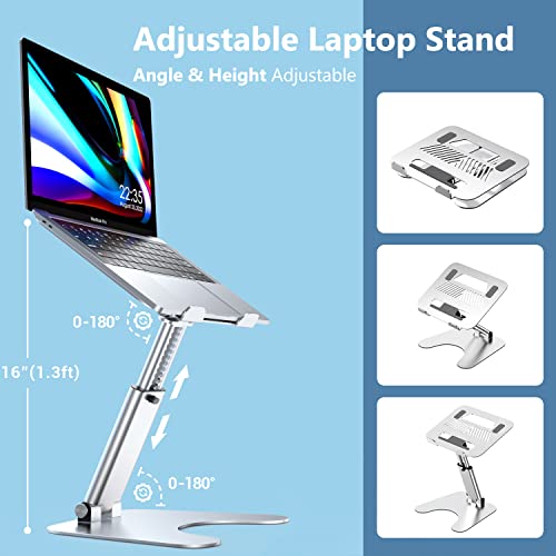 ROTTAY Collapsible Laptop Stand, Adjustable Height up to 16", Ergonomic Laptop Riser with 2 Angle Adjustment Buttons, Aluminum Laptop Holder Computer Stand Fits MacBook, Laptops Tablets 10-16", Silver