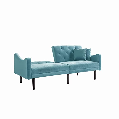 Eafurn Upholstered Futon Sofa Bed with Mattress and Frame, Convertible Loveseat Lounge Couch Daybed,Folding Love Seat w/Adjustable Backrest Sofabed, Blue w/Curved Armrest and 2 Pillows