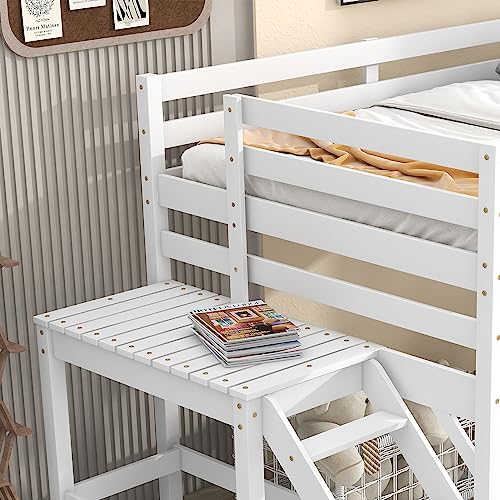 Dolonm Full Loft Bed with Platform, Wooden Low Height Loft Bed Frame with Ladder, Metal Loft Bed Frame for Kids Teens Adults, Full Size for Bedrooms, White