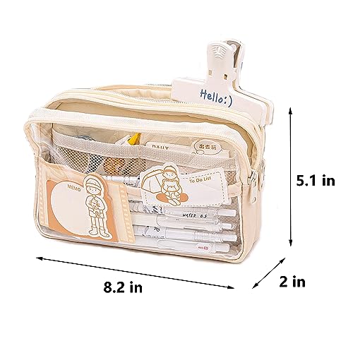 Clear Cute Pencil Case Kawaii Pencil Case Multi-Layer Aesthetic Pencil Pouch Marker Case Holder Storage Bag (Beige)