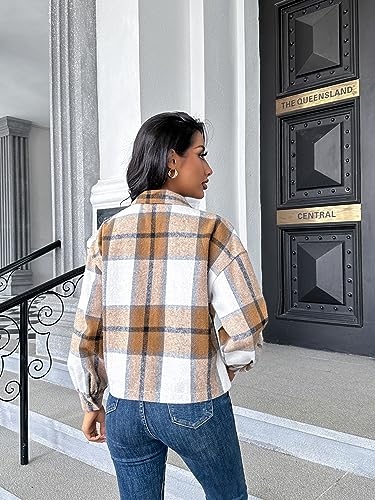 Blooming Jelly Womens Flannel Shirts Plaid Shacket Button Down Long Sleeve Jacket Fall Fashion Crop Tops(Small,Khaki Plaid)