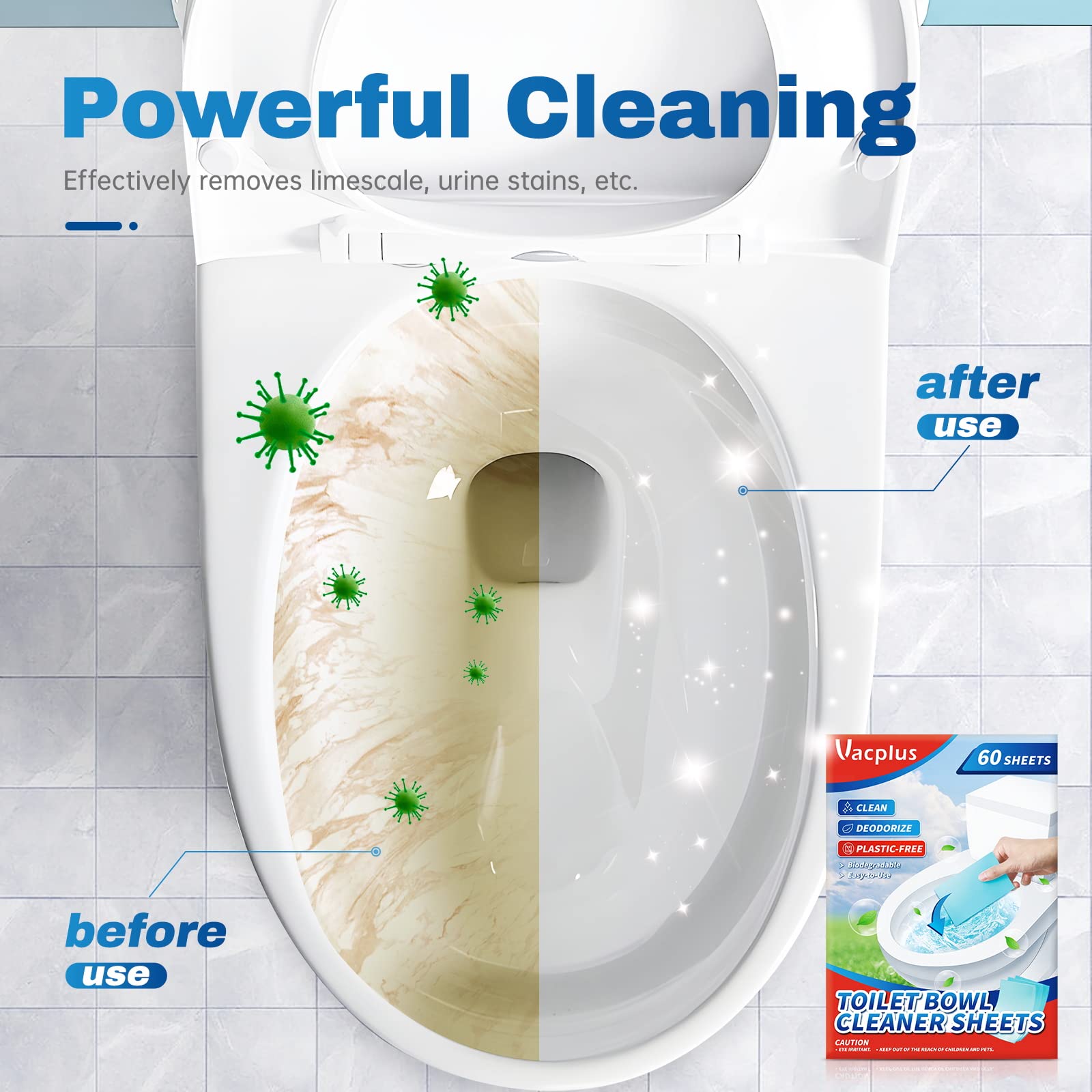 Vacplus Biodegradable Toilet Cleaning Strips - Plastic-Free, Pre-Measured Toilet Bowl Cleaner Sheets Remove Stains and Odors, 60 Pack
