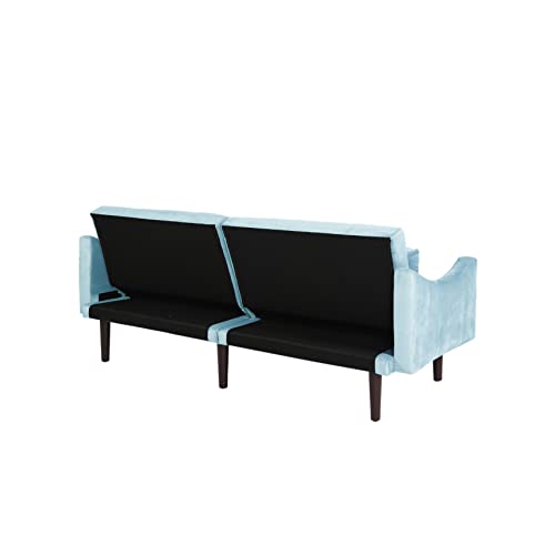 Eafurn Upholstered Futon Sofa Bed with Mattress and Frame, Convertible Loveseat Lounge Couch Daybed,Folding Love Seat w/Adjustable Backrest Sofabed, Blue w/Curved Armrest and 2 Pillows