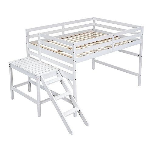 Dolonm Full Loft Bed with Platform, Wooden Low Height Loft Bed Frame with Ladder, Metal Loft Bed Frame for Kids Teens Adults, Full Size for Bedrooms, White