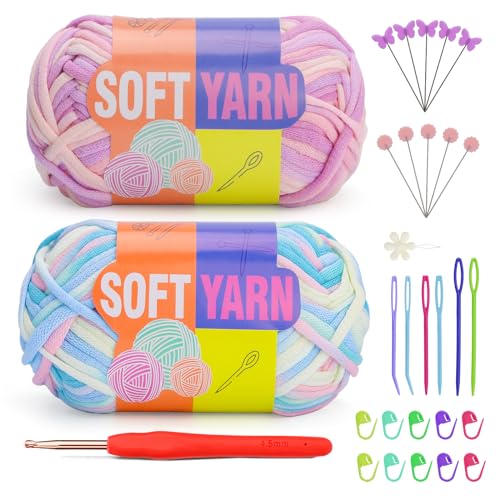 IMZAY 100g Yarn for Crocheting, Rainbow Color Cotton Yarn and Yarn for Beginners with Easy-to-See Stitches, Ergonomic Handle Hooks, Cotton Nylon Chunky Yarn for Crocheting and Knitting-Blue and Pink