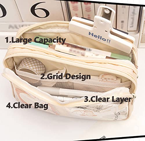 Clear Cute Pencil Case Kawaii Pencil Case Multi-Layer Aesthetic Pencil Pouch Marker Case Holder Storage Bag (Beige)